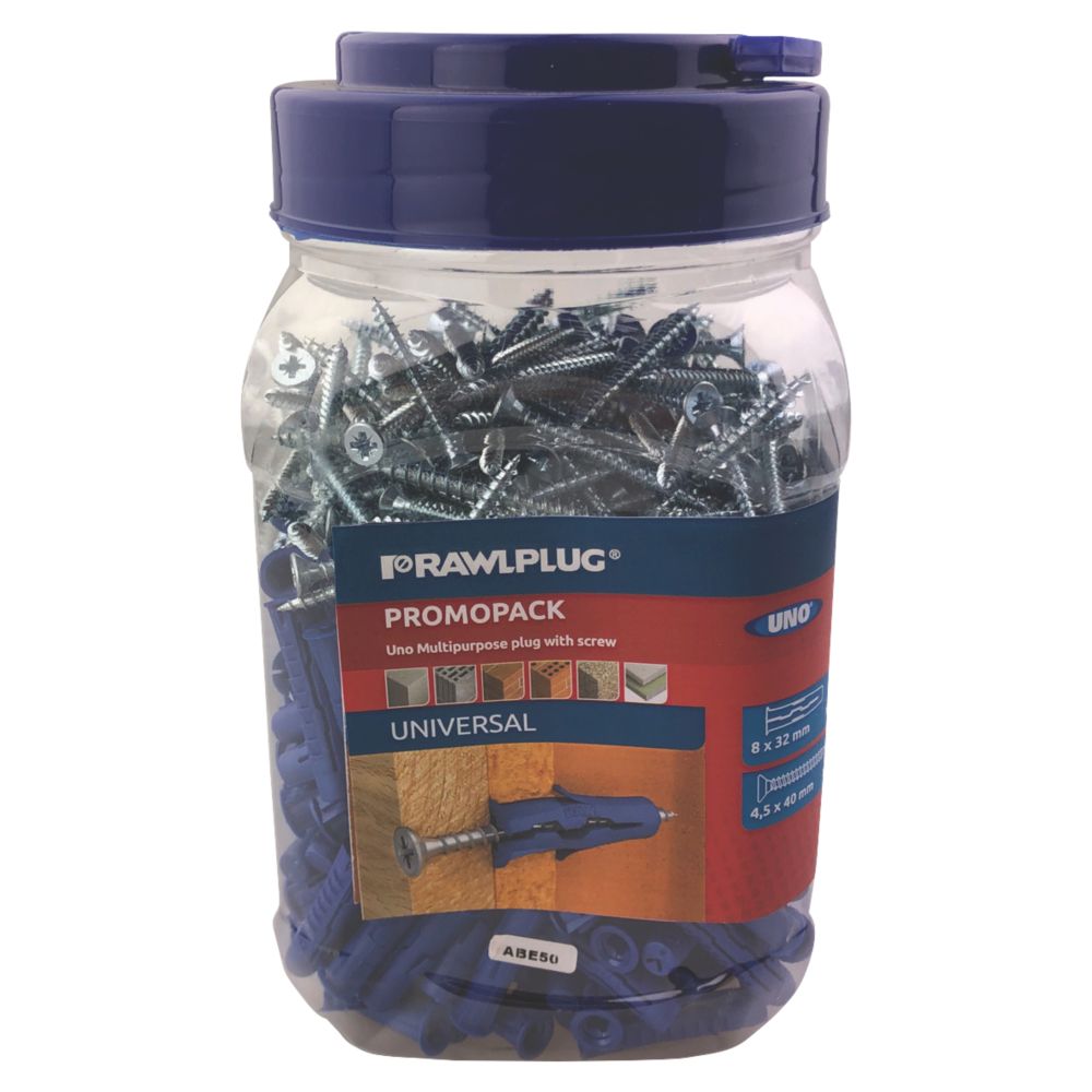 Rawlplug Uno Wall Plugs & Screws 8mm x 40mm 300 Pack — Screwfix EU